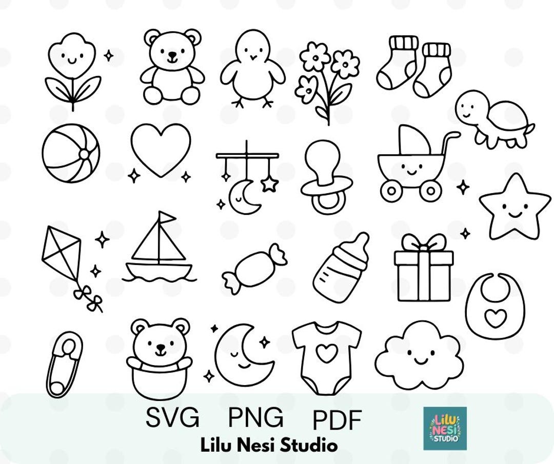 23 Baby Shower Doodle Clipart | Black and White PNG SVG Bundle | Cute ...