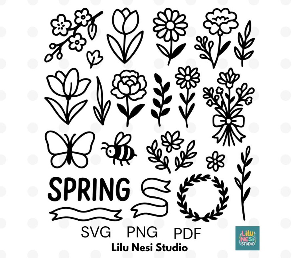 Spring Floral Doodle Clipart – 23 Elements | SVG PNG PDF | Cute Flowers ...