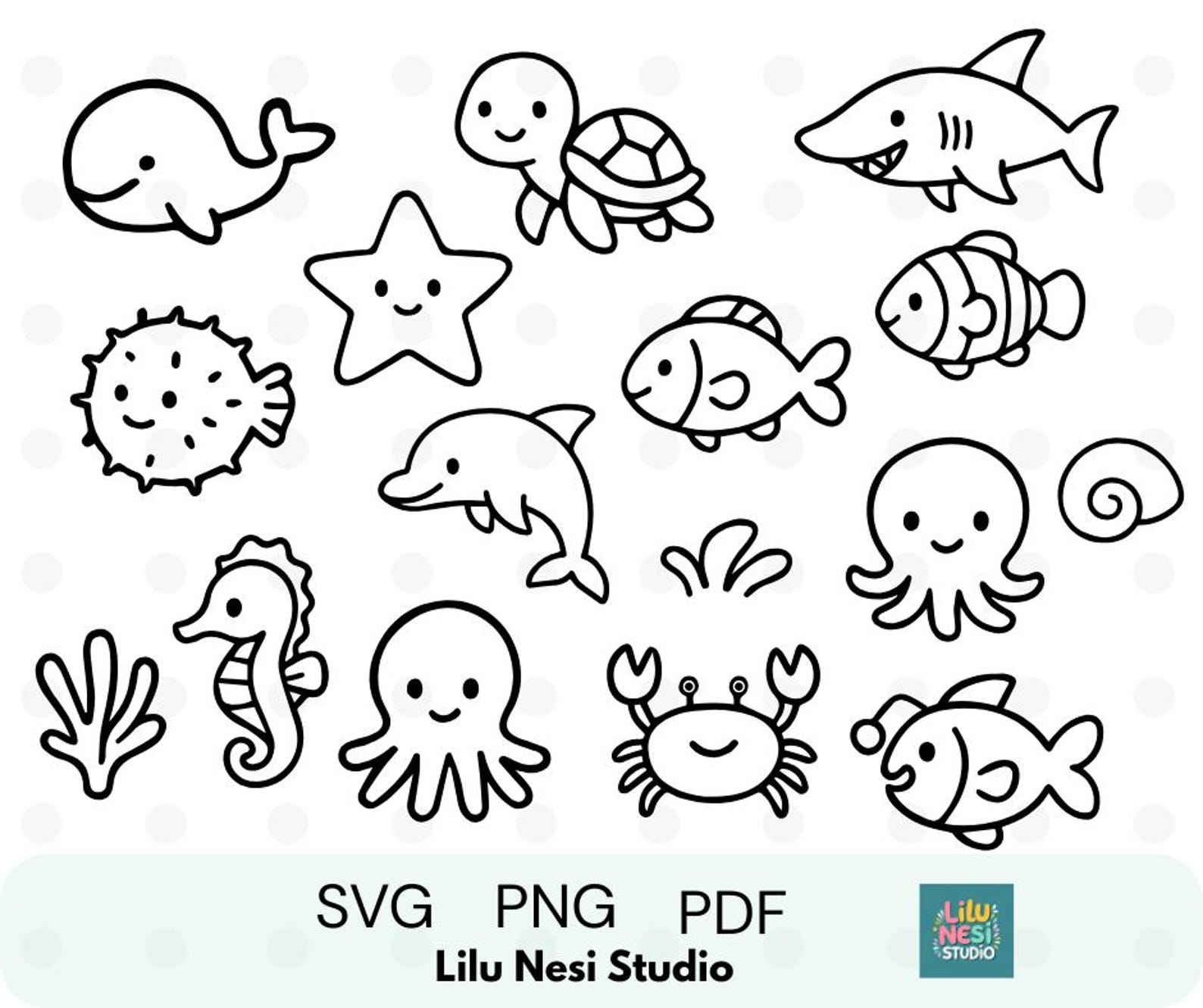 Vector Line Drawing of Cute Cartoon Sea Animals - Minimalist Under the ...