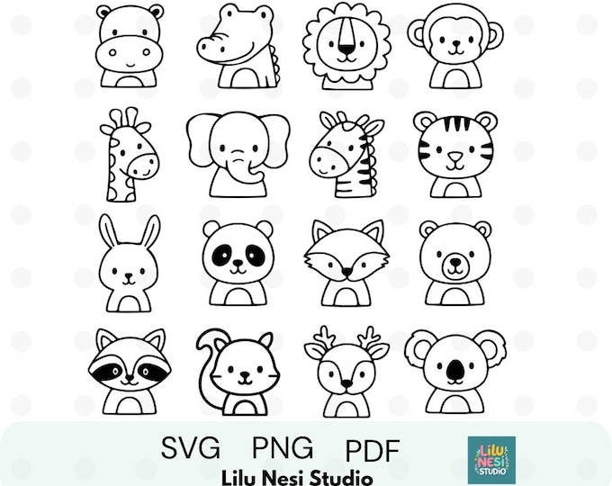 52 Animal Line Art Clipart PNG Bundle: Black & White Outline (digital ...