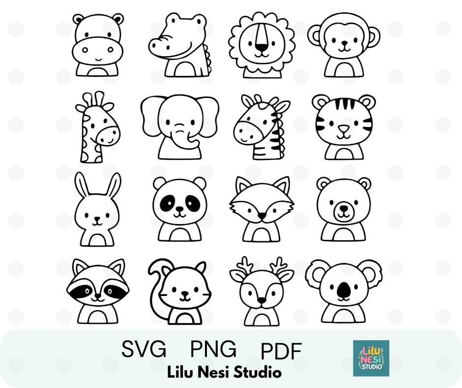 Line Drawing Animal Clipart Bundle - Cute Cartoon Doodle Animals, Black ...