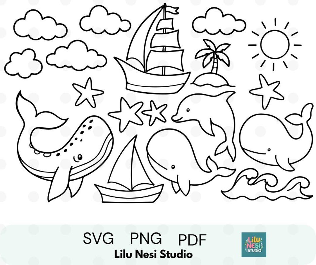 Ocean Animals Line Art Clipart Set | Sea Life SVG Bundle | Minimalist ...