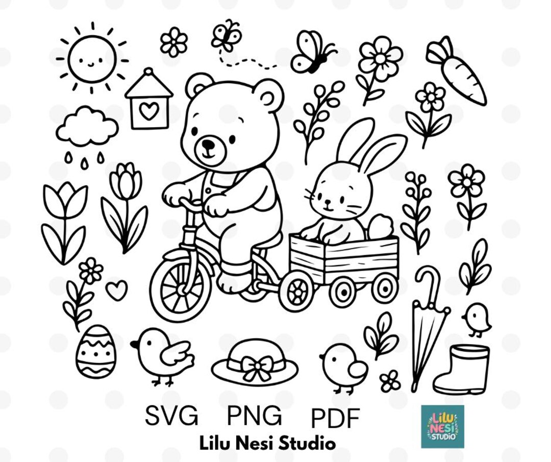 Spring Bear and Bunny Doodle Clipart, Black & White Illustration Set ...