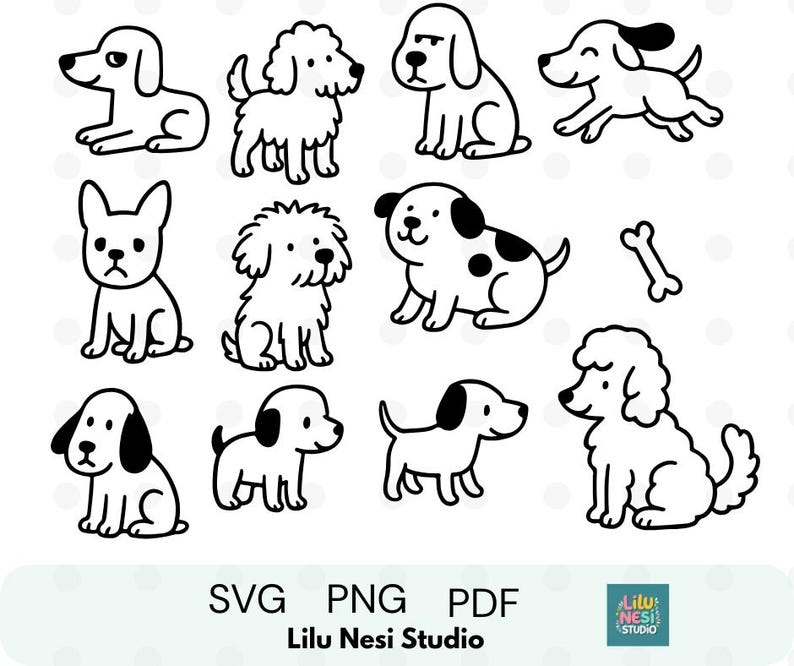 Dogs SVG PNG Set | Cute Dog Clipart | Black and White Line Art | Pet ...