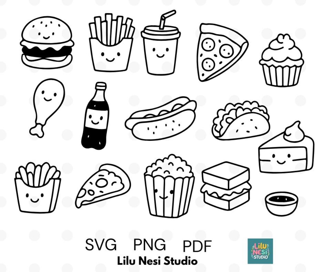 Kawaii Fast Food Clipart | 15 Line Art Doodles | Cute Pizza, Hamburger ...