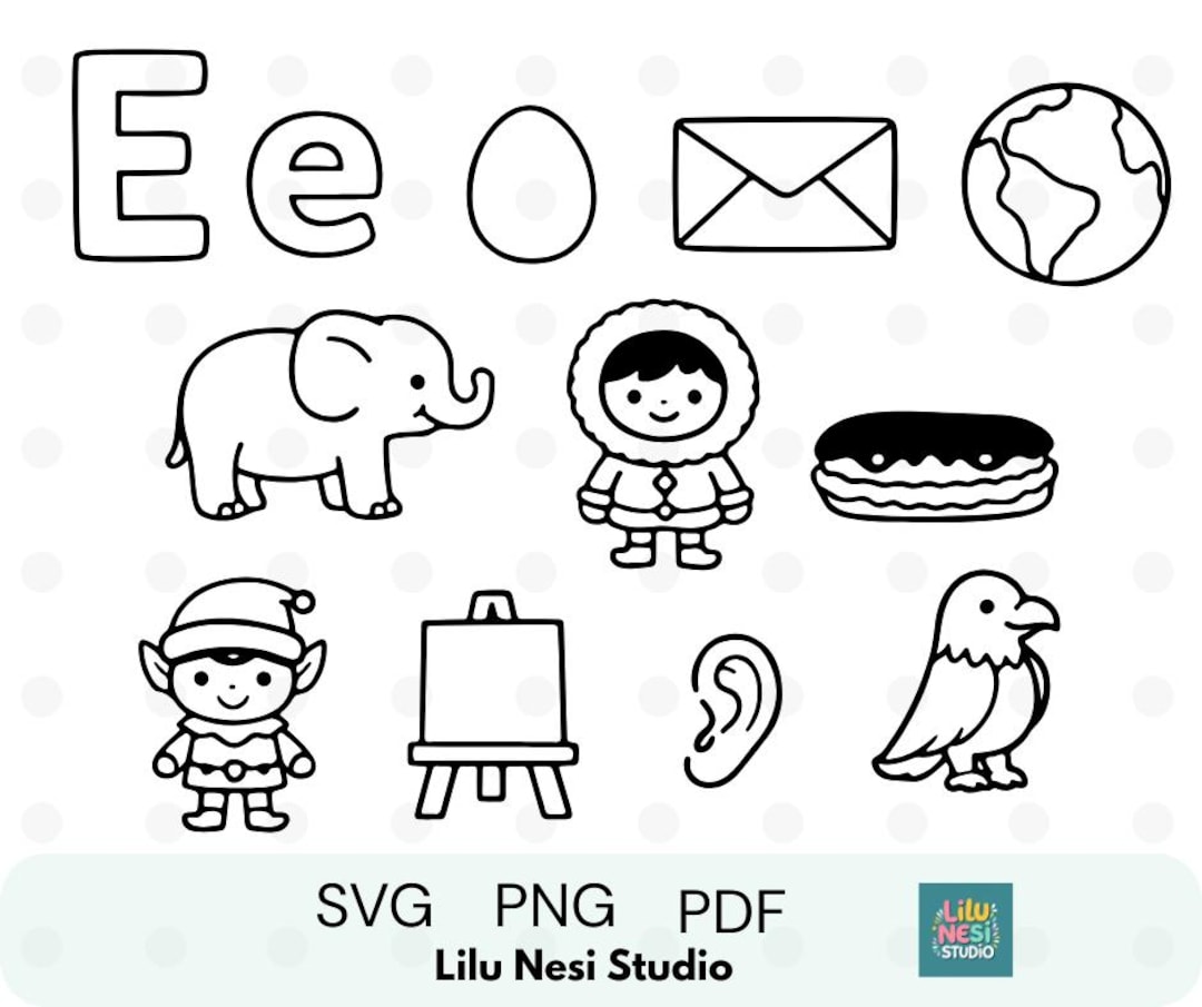 Letter E Alphabet Clipart | Ee Line Art Illustrations | Kids Learning ...