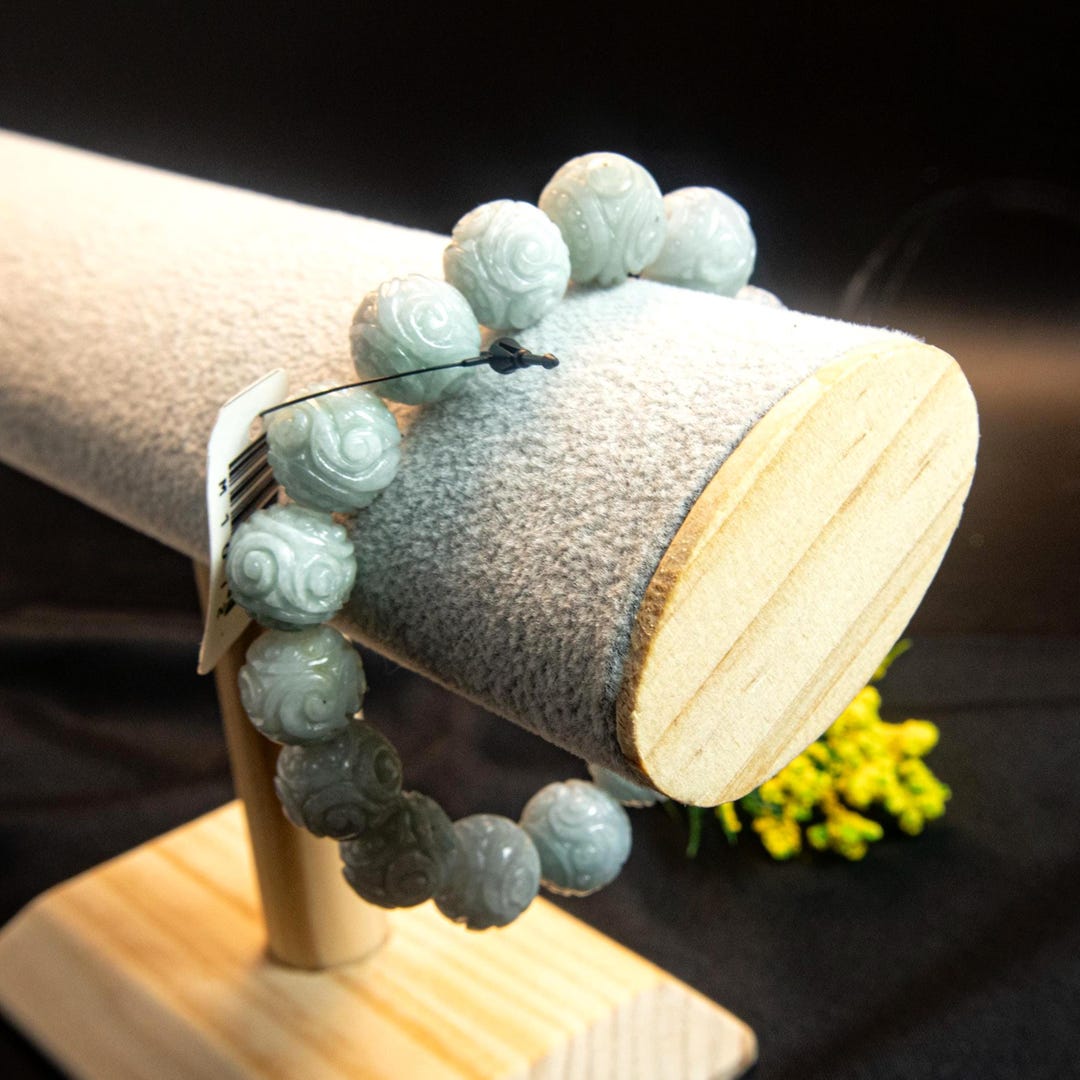 13.8mm Grade A Burmese White Jade Bracelet | Hand-carved Floral Rosary ...