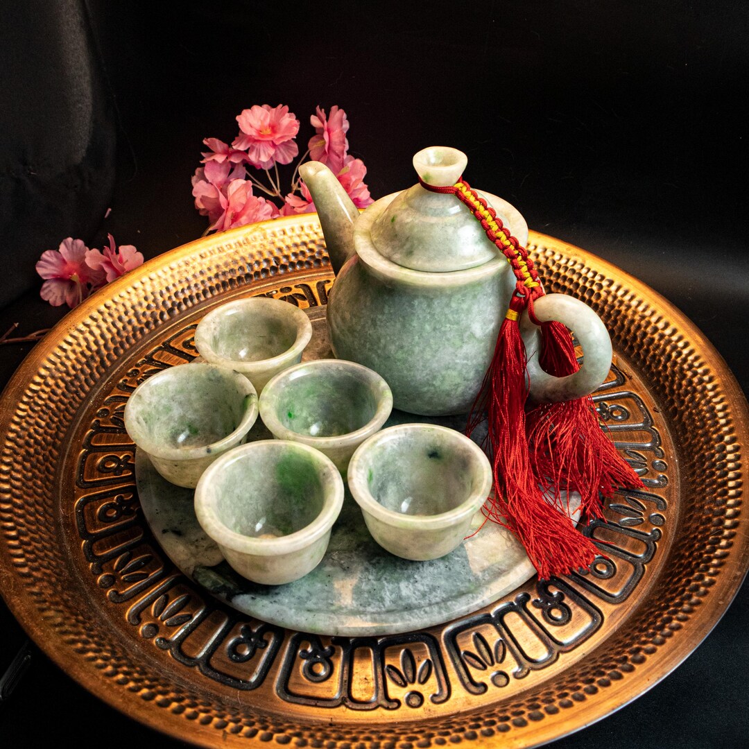 Authentic Burmese Jadeite Jade Tea Set Hand-carved Natural Green Jade ...