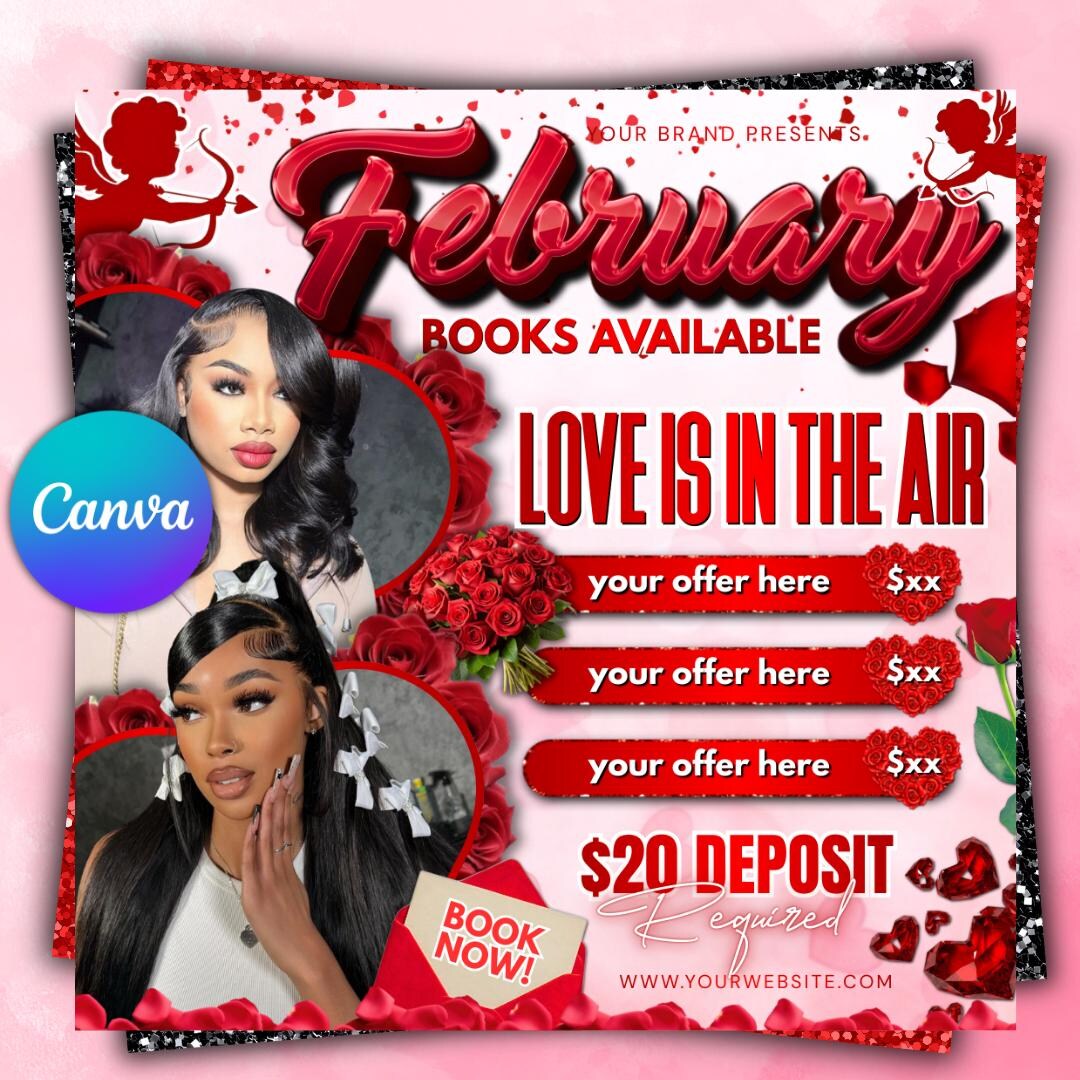 February Booking Flyer, Valentine's Day Flyer, Valentines Hairstylist ...