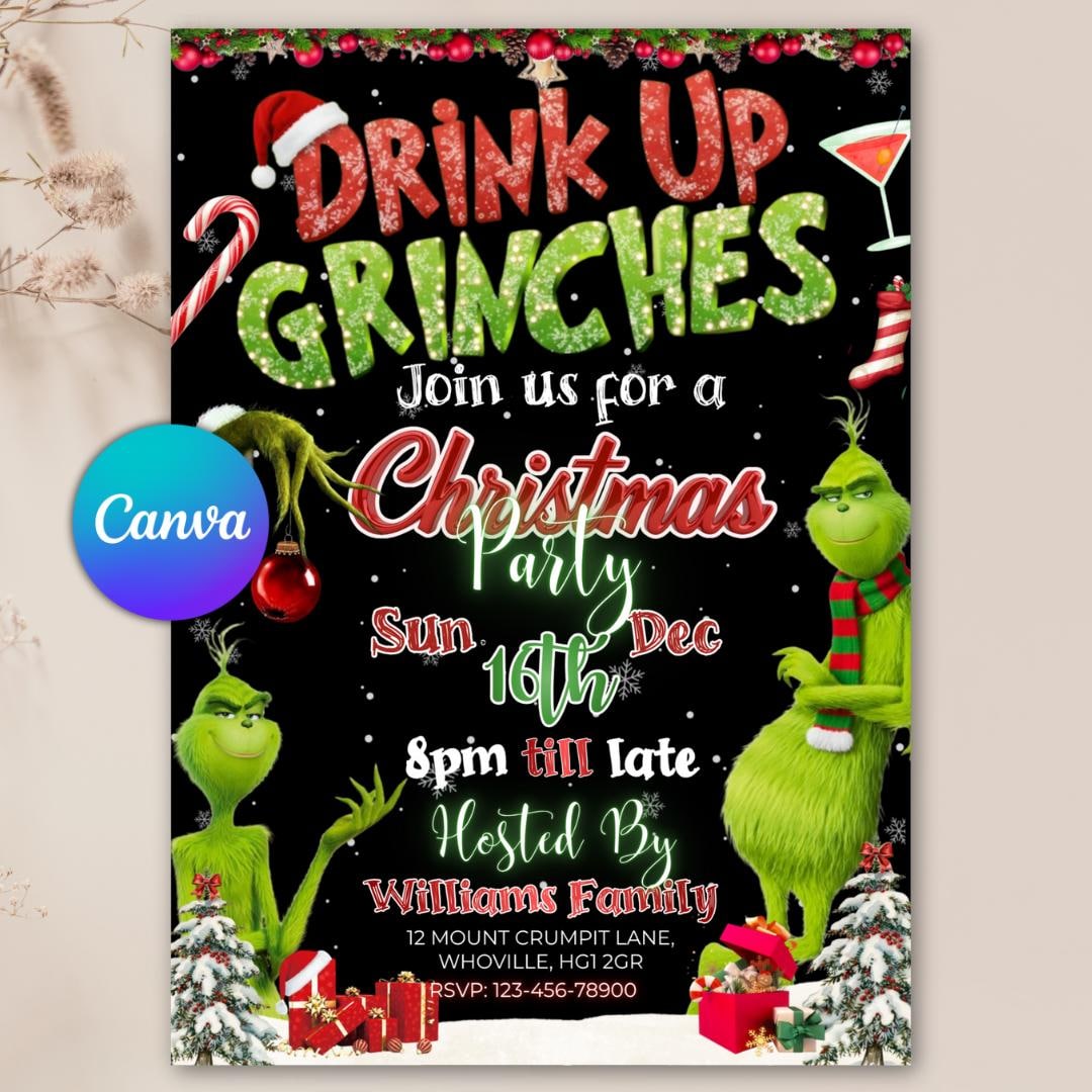 Drink up Grinch Invitation, Grinchmas Party Invite, Christmas Party ...