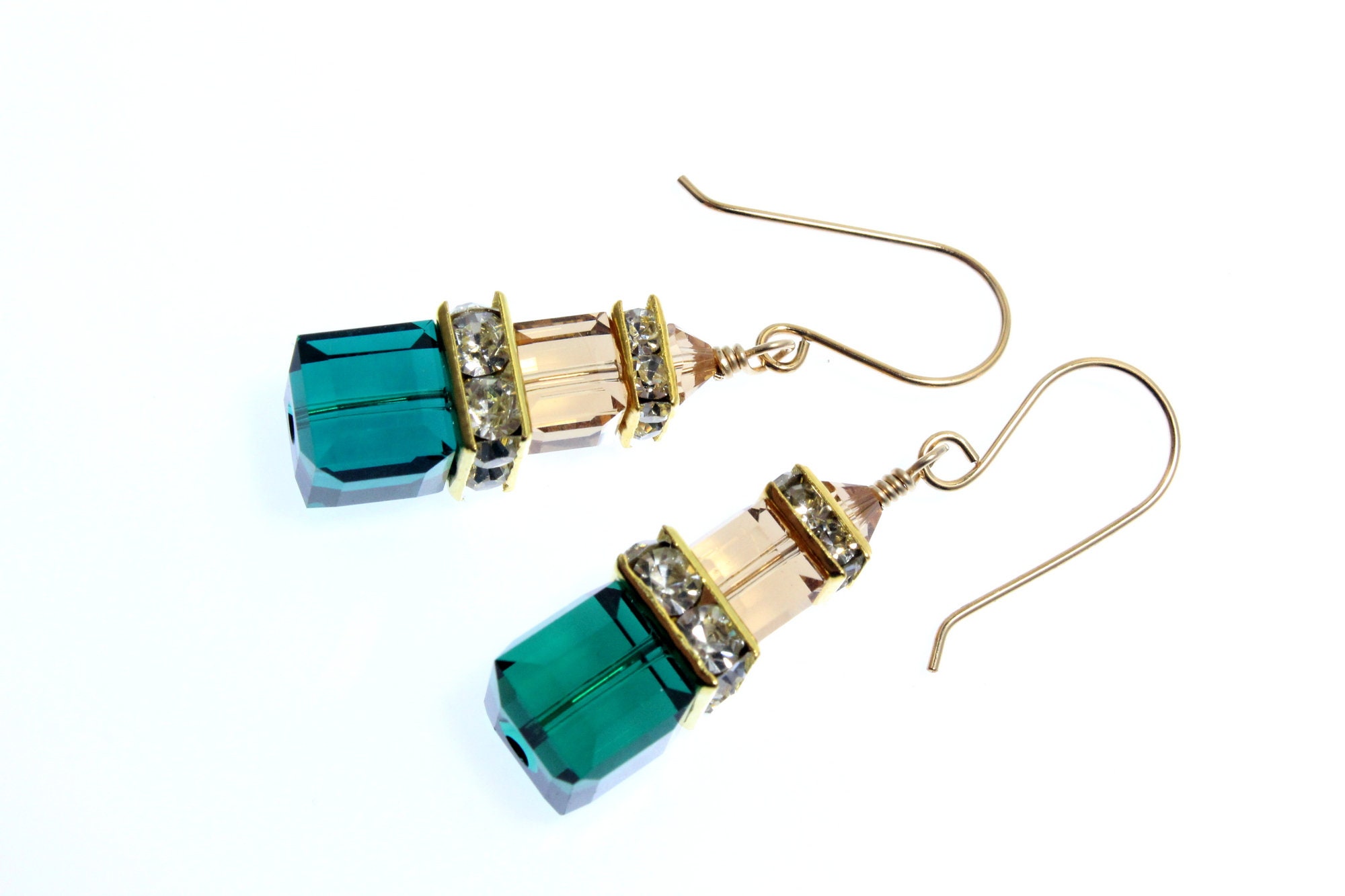 Crystal Cube Earrings, Dangle Earrings, Swarovski, Gold Filled, Green and Gold, Stacked Cubes ...