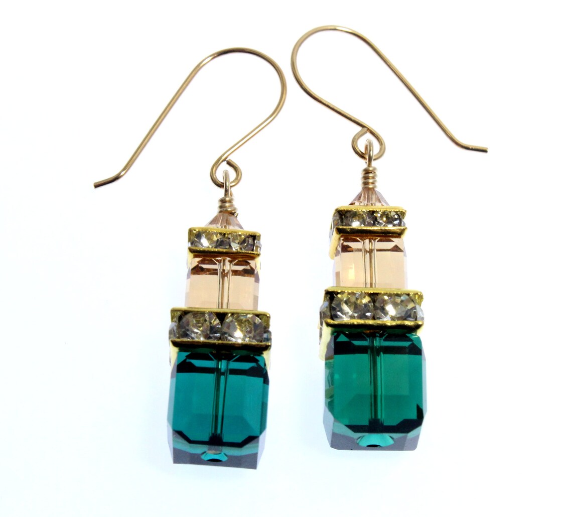 Crystal Cube Earrings, Dangle Earrings, Swarovski, Gold Filled, Green and Gold, Stacked Cubes ...