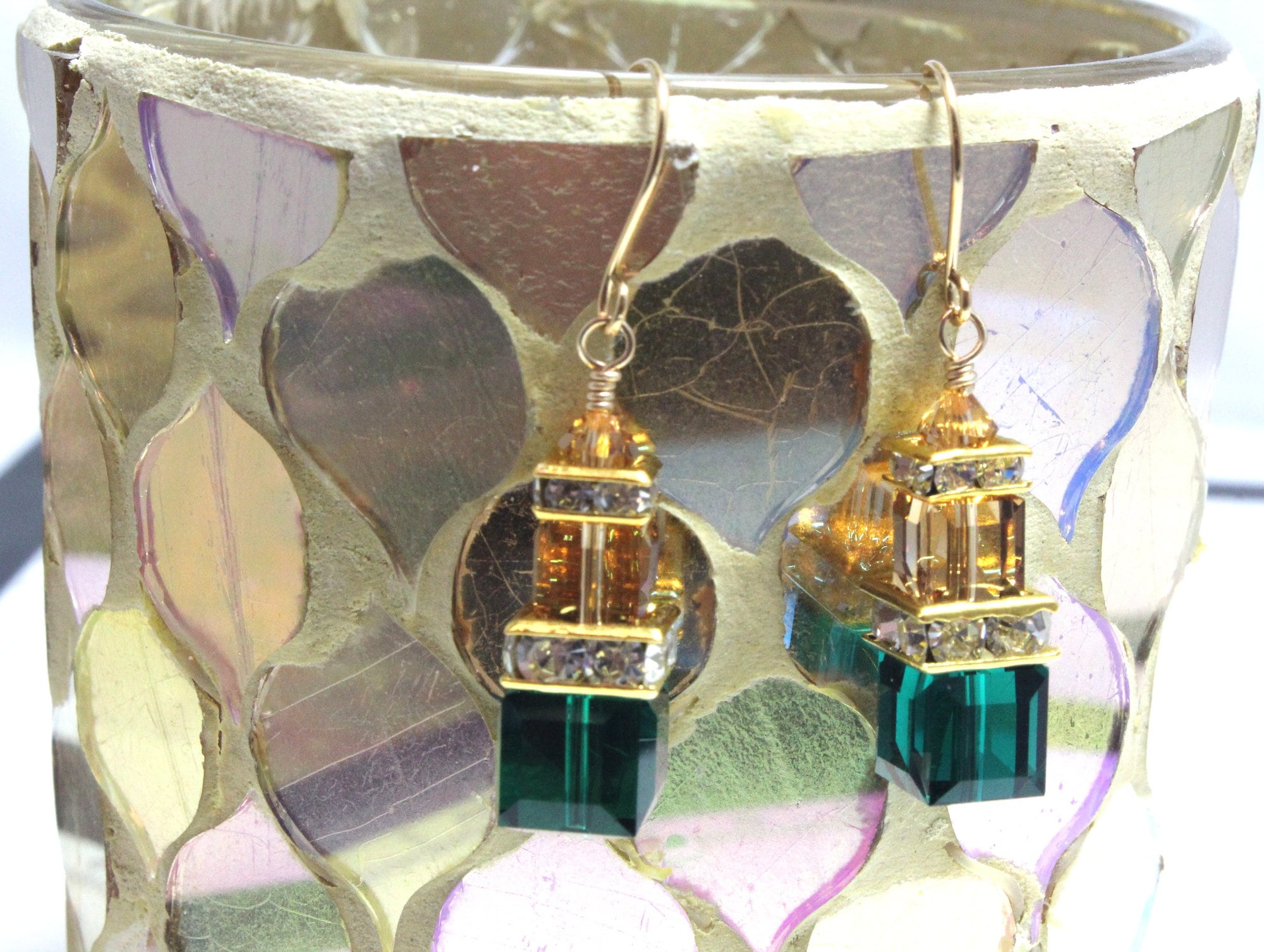 Crystal Cube Earrings, Dangle Earrings, Swarovski, Gold Filled, Green and Gold, Stacked Cubes ...