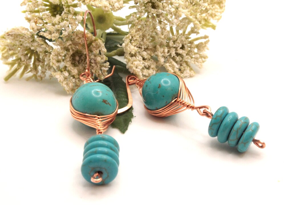 Copper and Magnesite Herringbone Wire Wrapped Earrings - Etsy