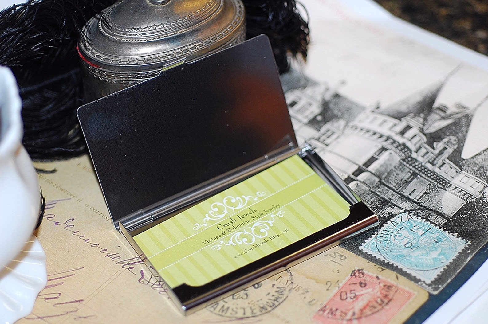 Business Card Case Jewelled Ornate Credit Card Holder Silver Stainless ...