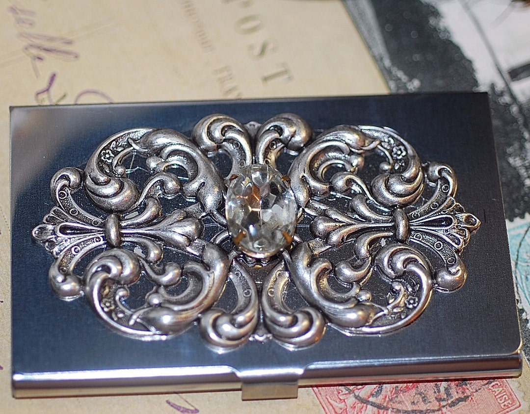 Business Card Case Jewelled Ornate Credit Card Holder Silver Stainless ...