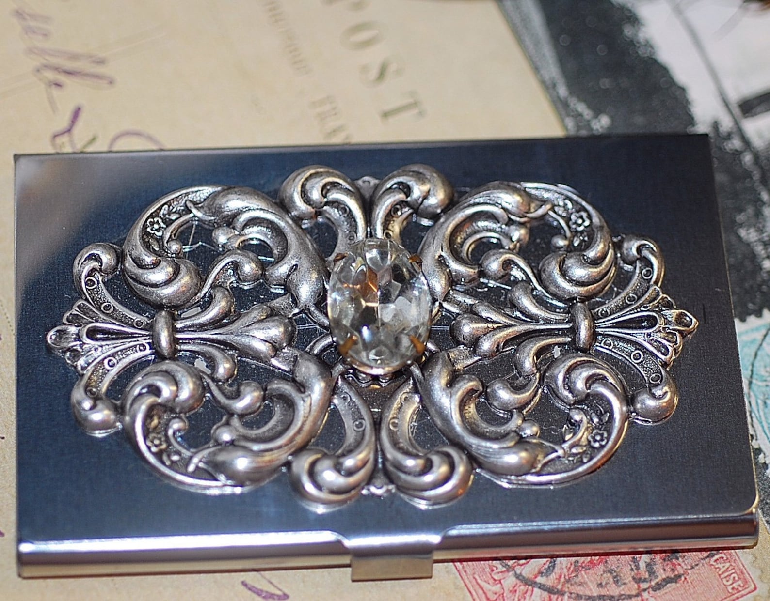 Business Card Case Jewelled Ornate Credit Card Holder Silver Stainless ...