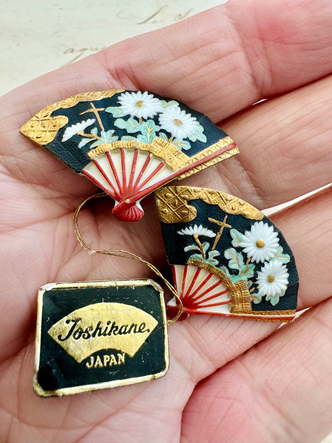 Toshikane Porcelain Fans With Daisy Chrysanthemums Vintage Screw Back ...