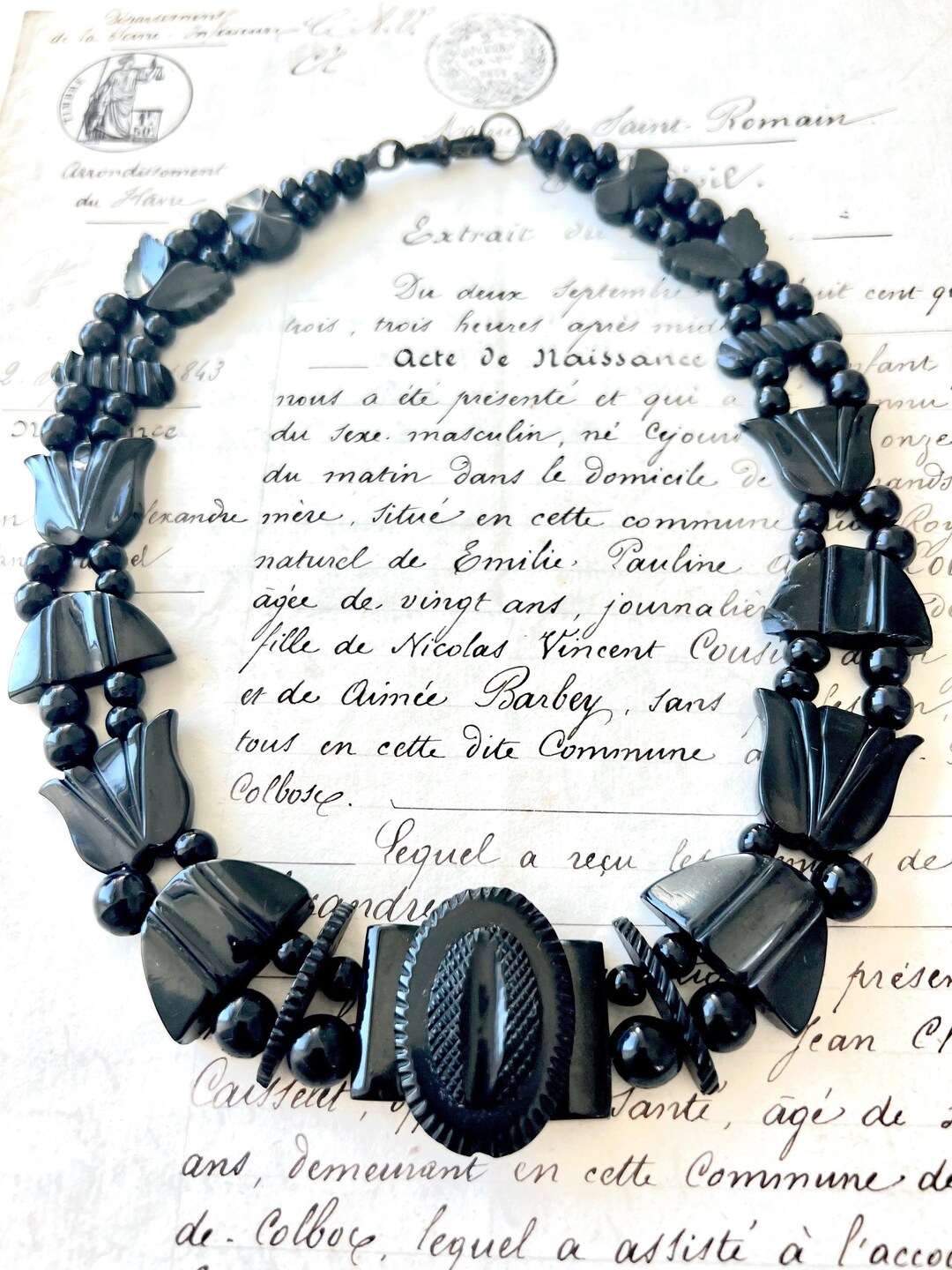 Rare Victorian Whitby Jet Collar Necklace - Carved Tulips Choker ...