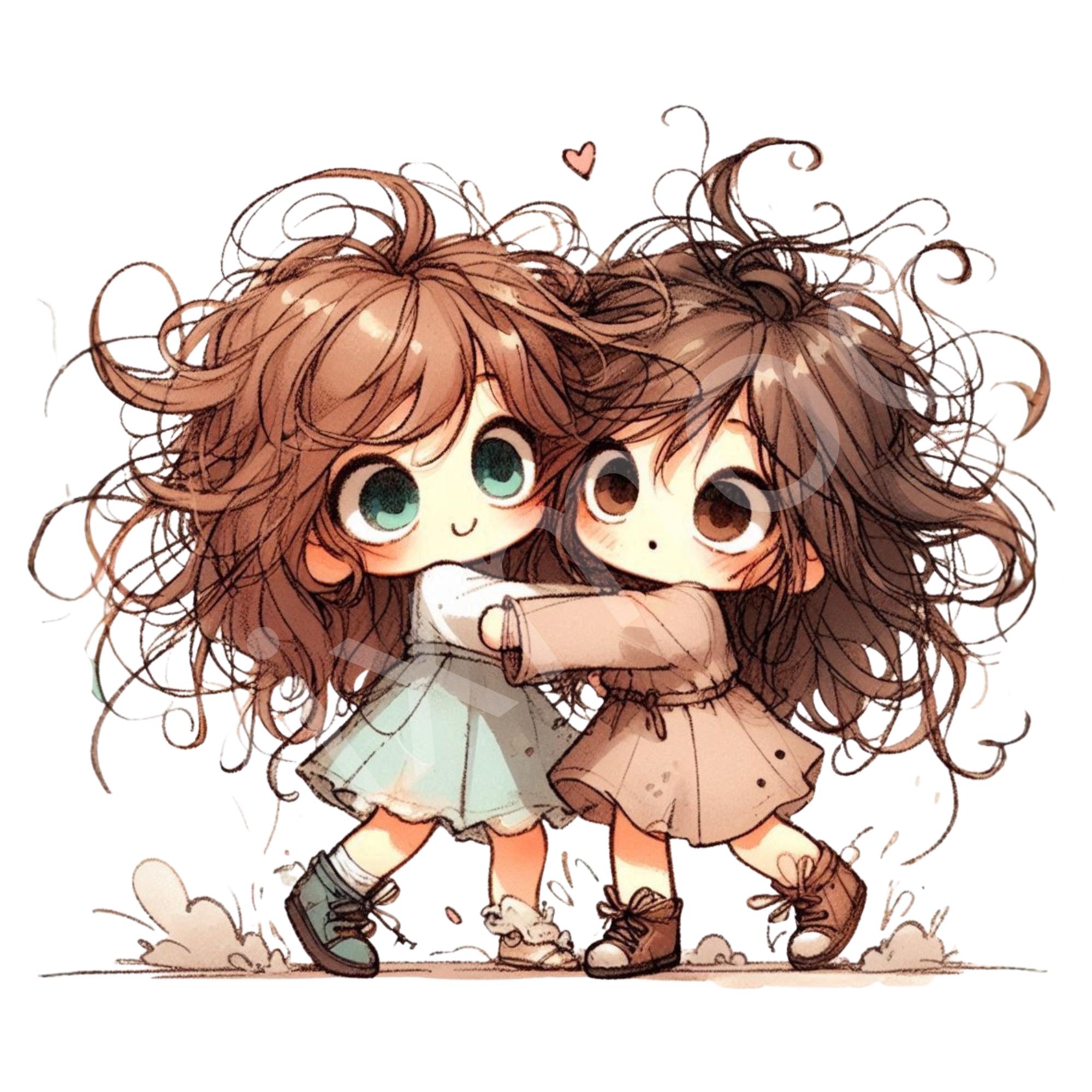 15 Adorable Hugging Girls Clipart - Messy Hair Chibi Friends - Digital ...