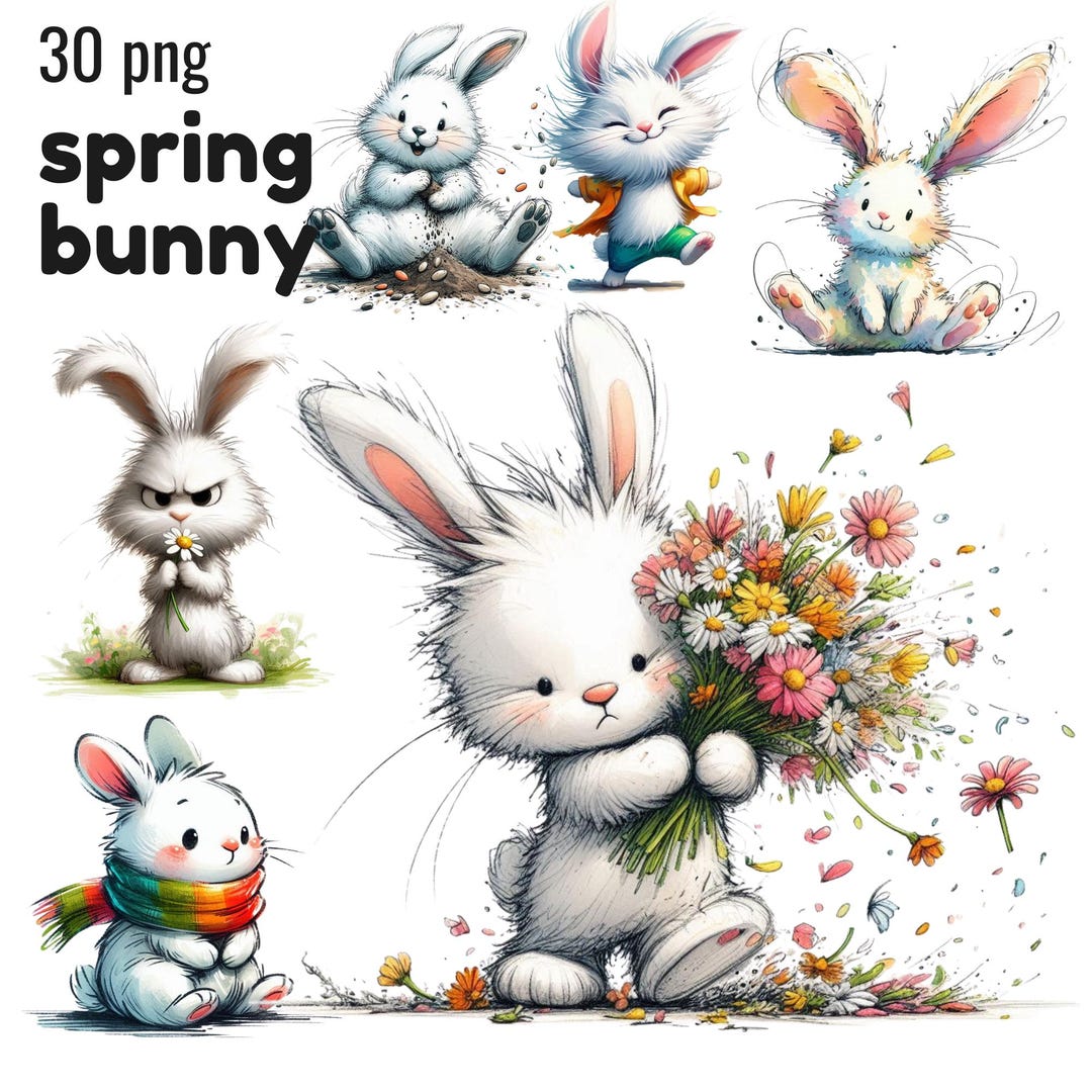 30 Spring Bunny Clipart Bundle Watercolor Rabbit Illustrations Instant ...