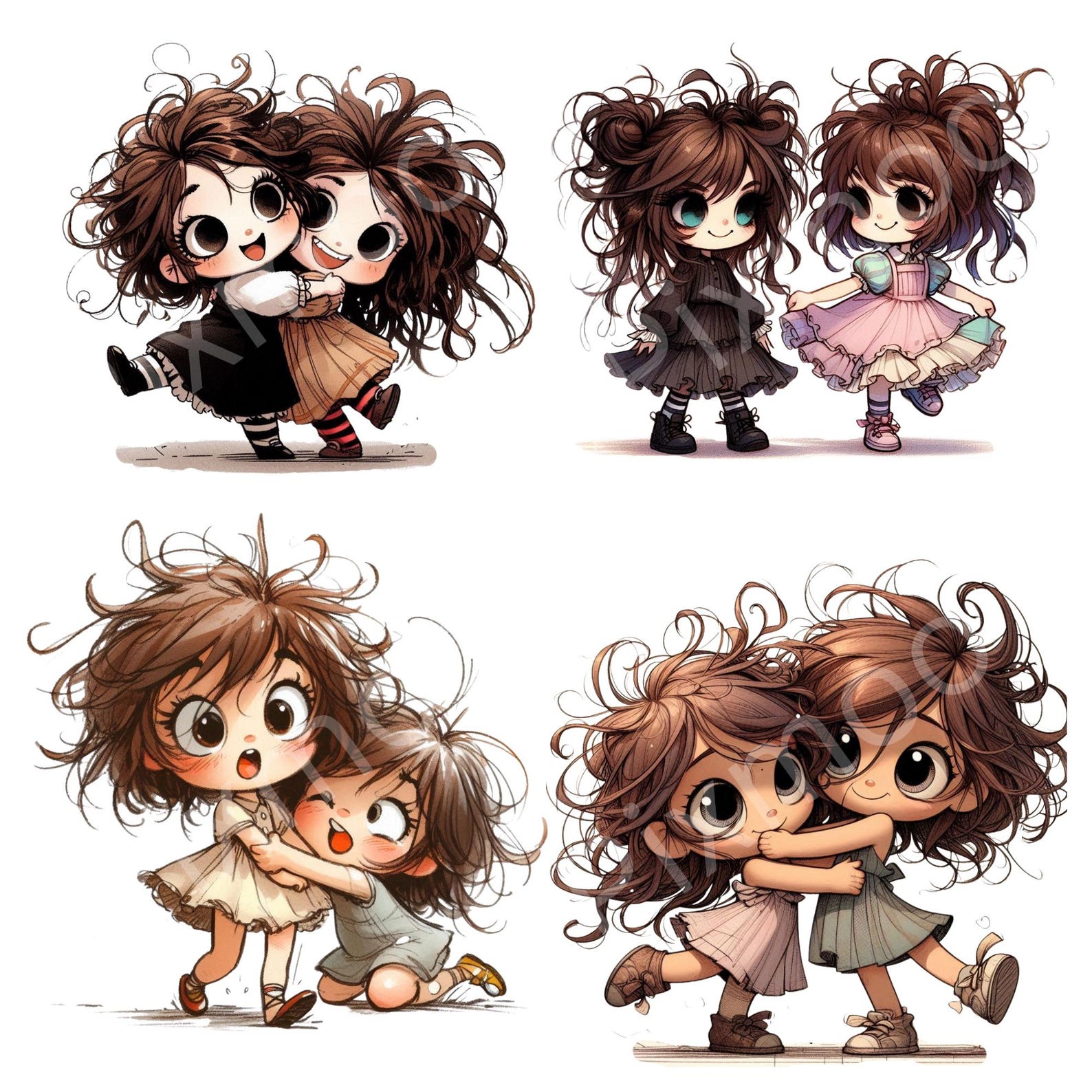 15 Adorable Hugging Girls Clipart - Messy Hair Chibi Friends - Digital ...