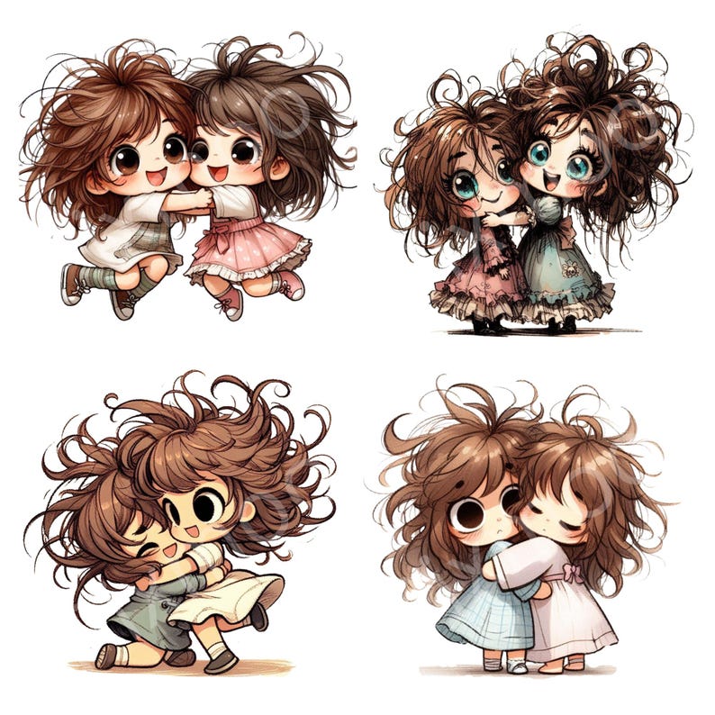 15 Adorable Hugging Girls Clipart - Messy Hair Chibi Friends - Digital ...