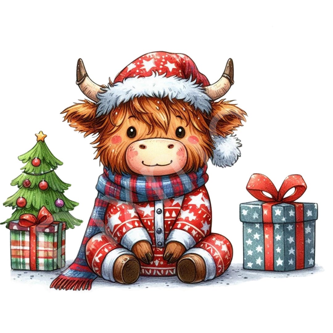 Christmas Highland Cow Clipart Bundle: Festive PNG Graphics (commercial ...