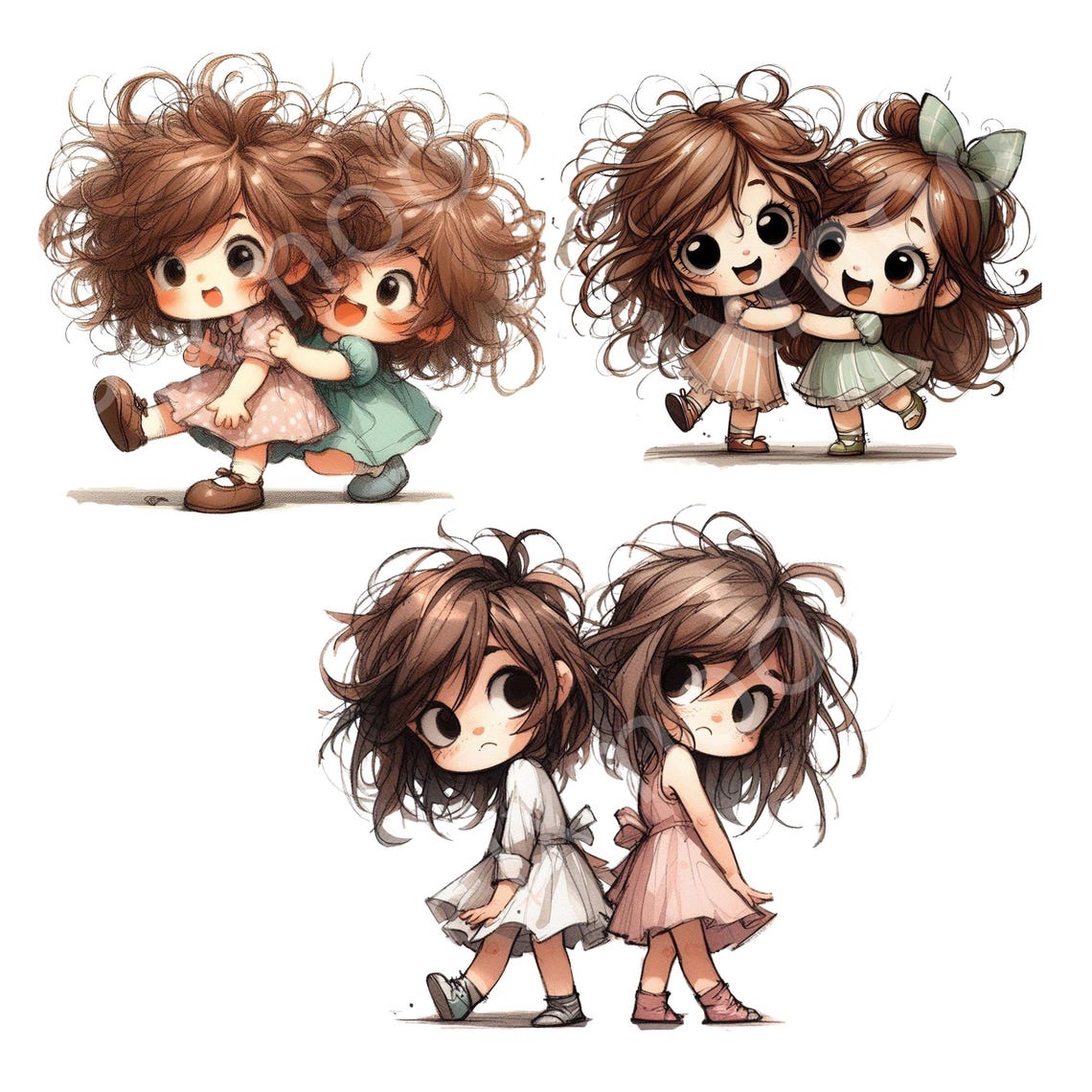 15 Adorable Hugging Girls Clipart - Messy Hair Chibi Friends - Digital ...