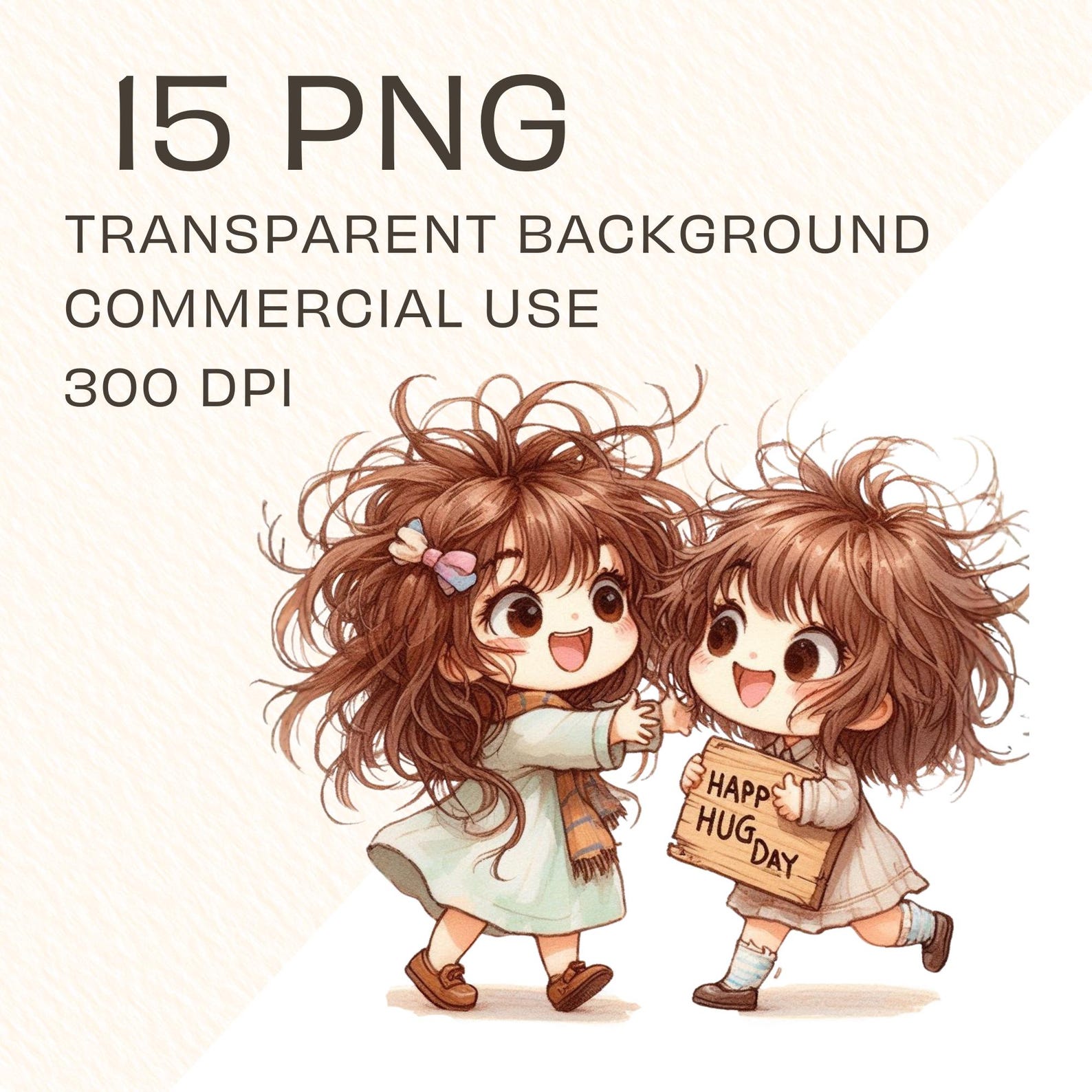 15 Adorable Hugging Girls Clipart - Messy Hair Chibi Friends - Digital ...