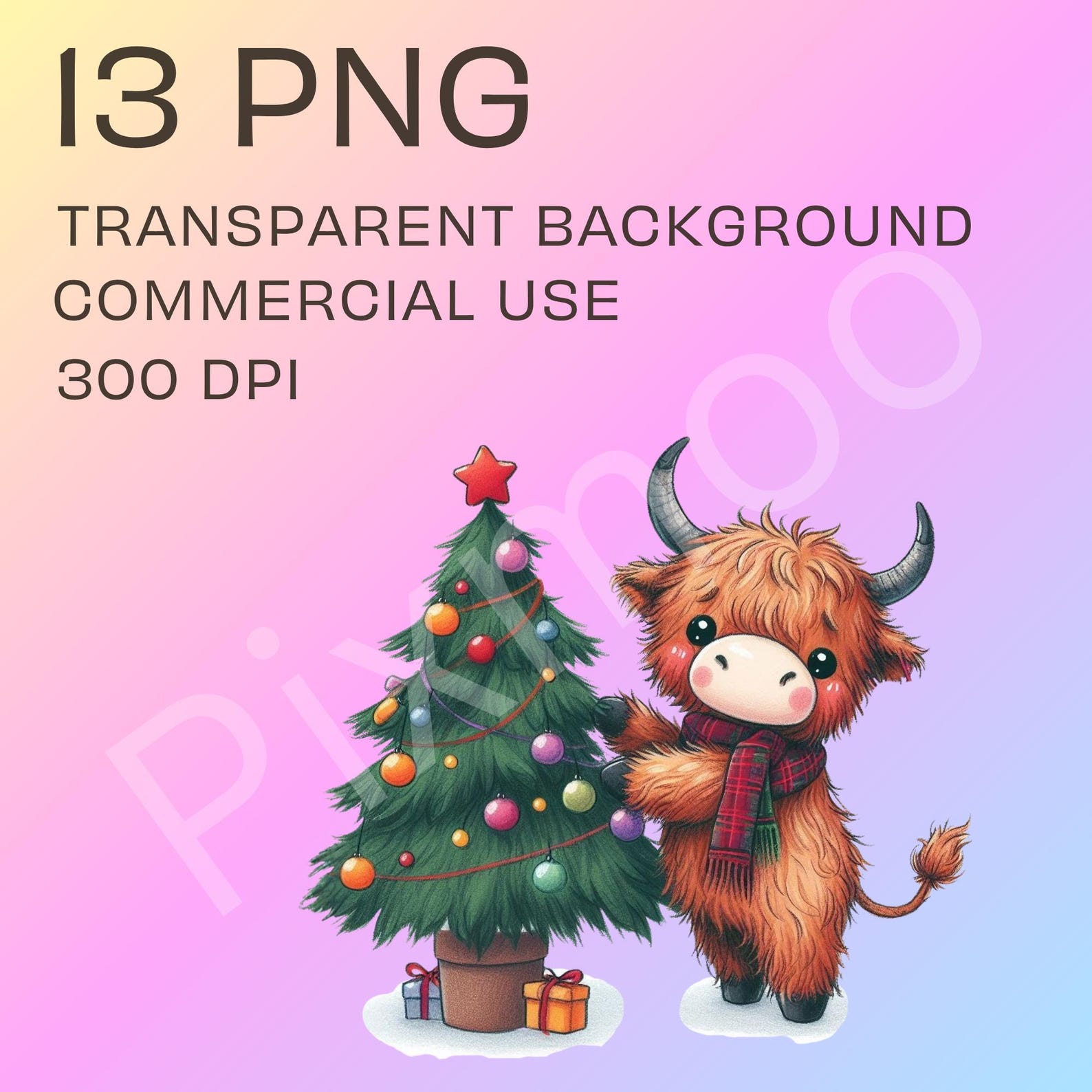 Christmas Highland Cow Clipart Bundle: Festive PNG Graphics (commercial ...