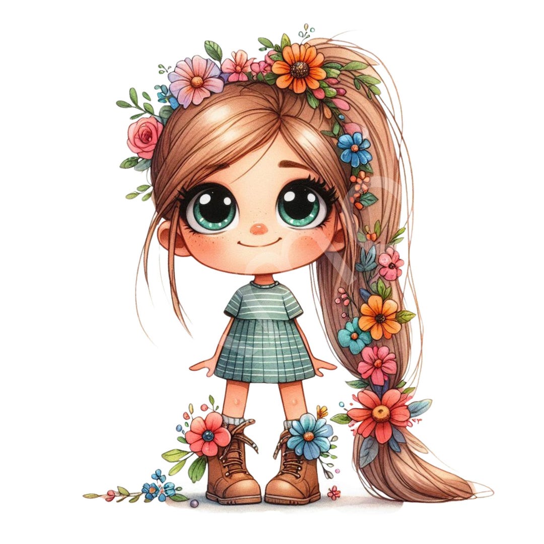 Watercolor Chibi Flower Girls Clipart Bundle (PNG, Commercial Use) - Etsy