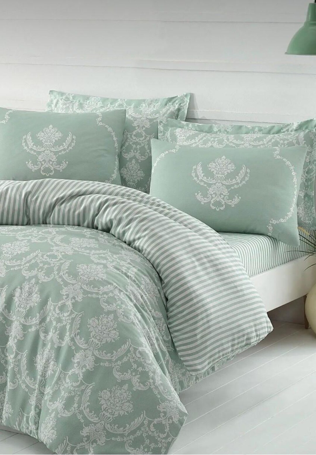 Mint Green Damask Duvet Cover Set: Luxury Cotton Blend Bedding - Etsy