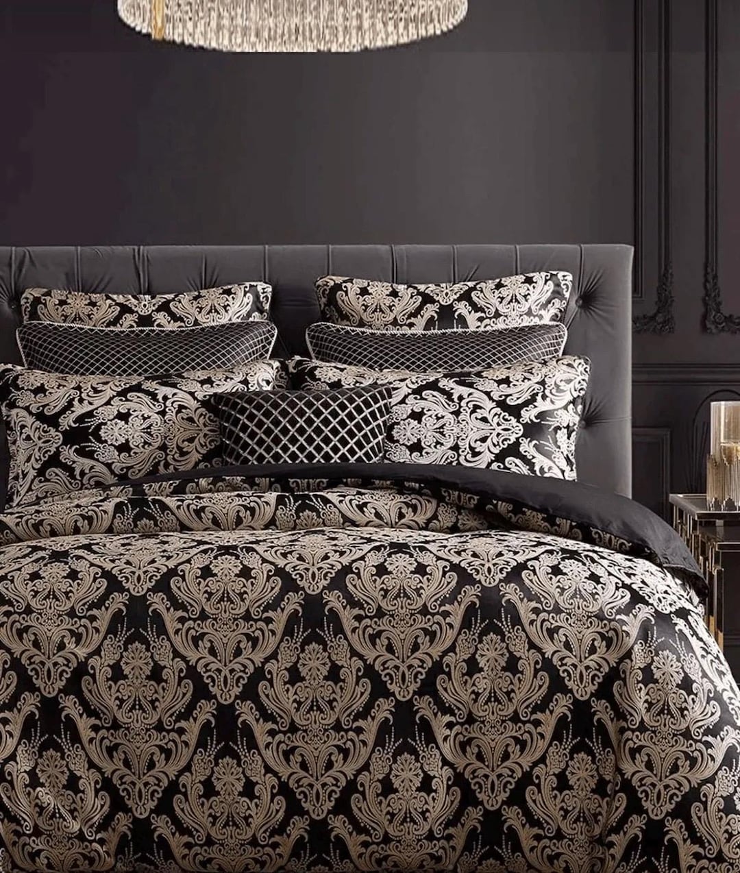 Luxury Black & Beige Damask Duvet Cover Set Reversible Turkish Cotton ...