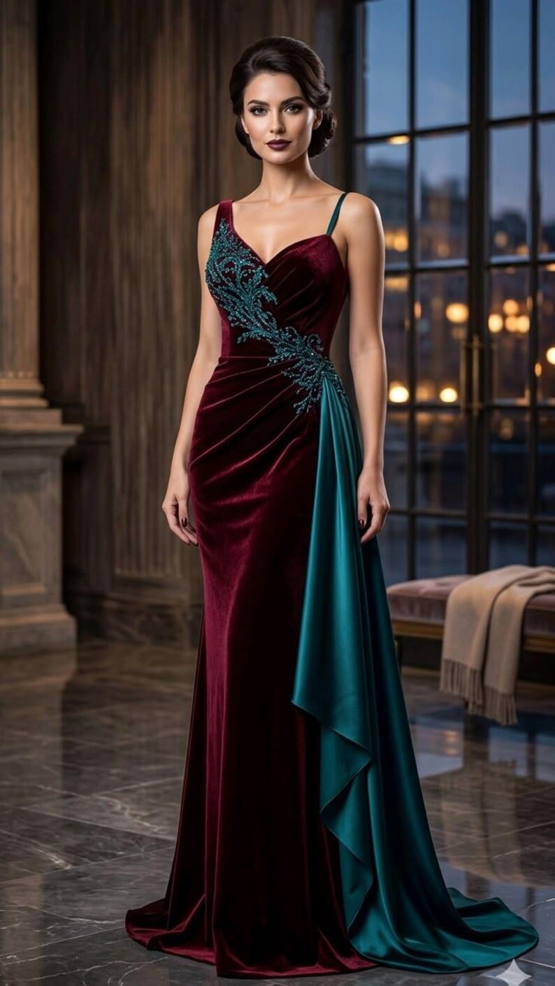 Bespoke- Red Wine Velvet Evening Gown With Emerald Satin Drape Luxury ...