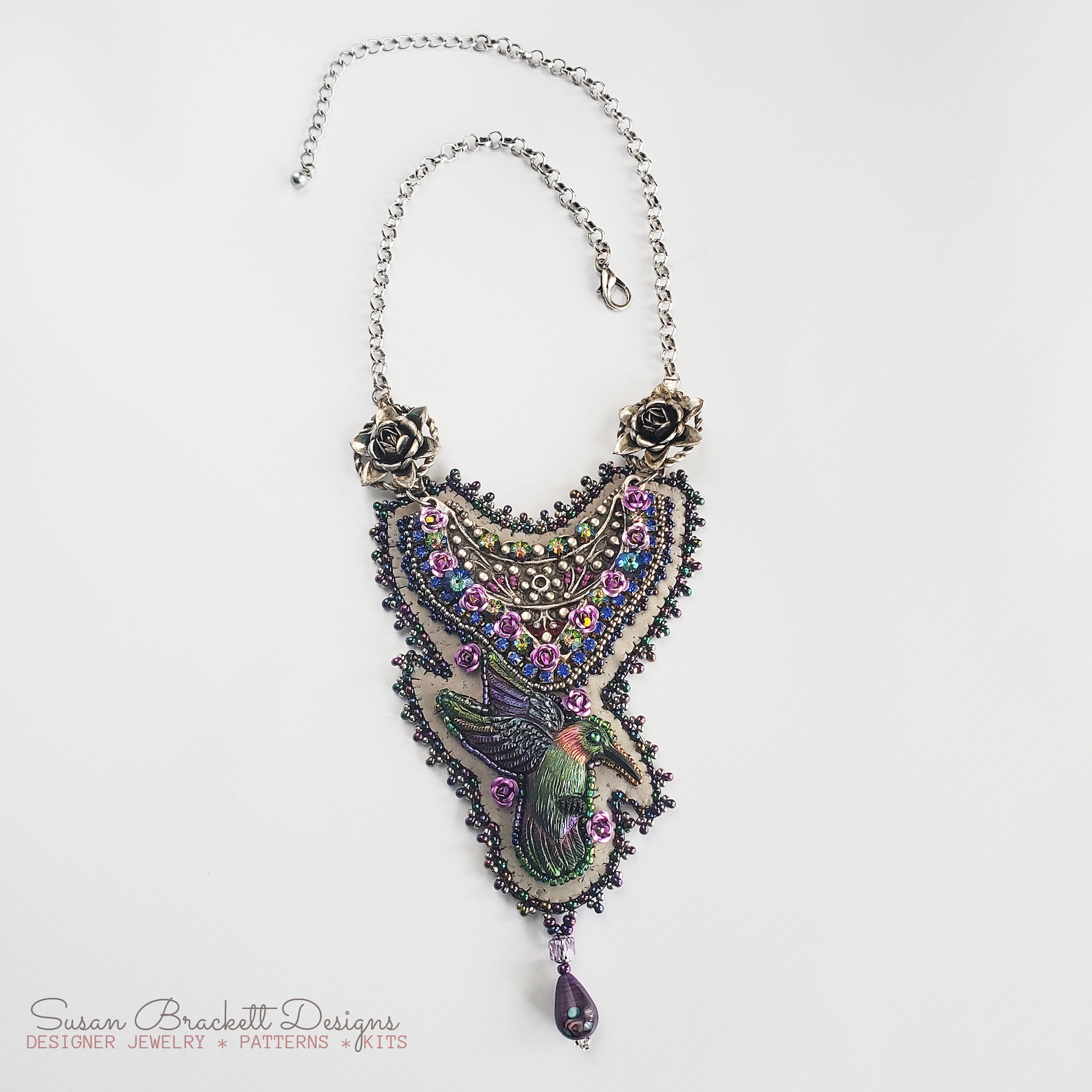 Nature's Melody Ruby Throated Hummingbird Beaded Pendant Rhinestone ...