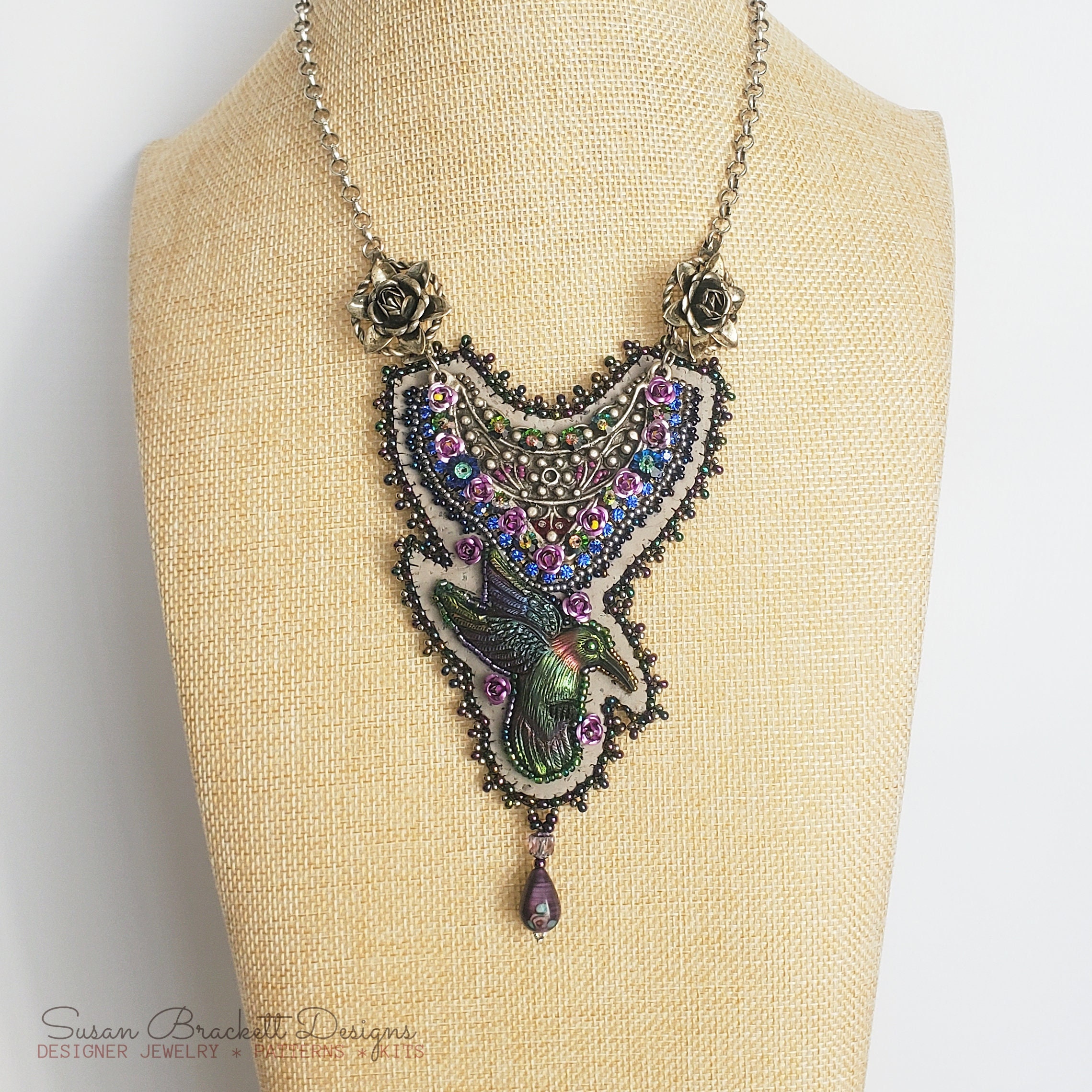 Nature's Melody Ruby Throated Hummingbird Beaded Pendant Rhinestone ...