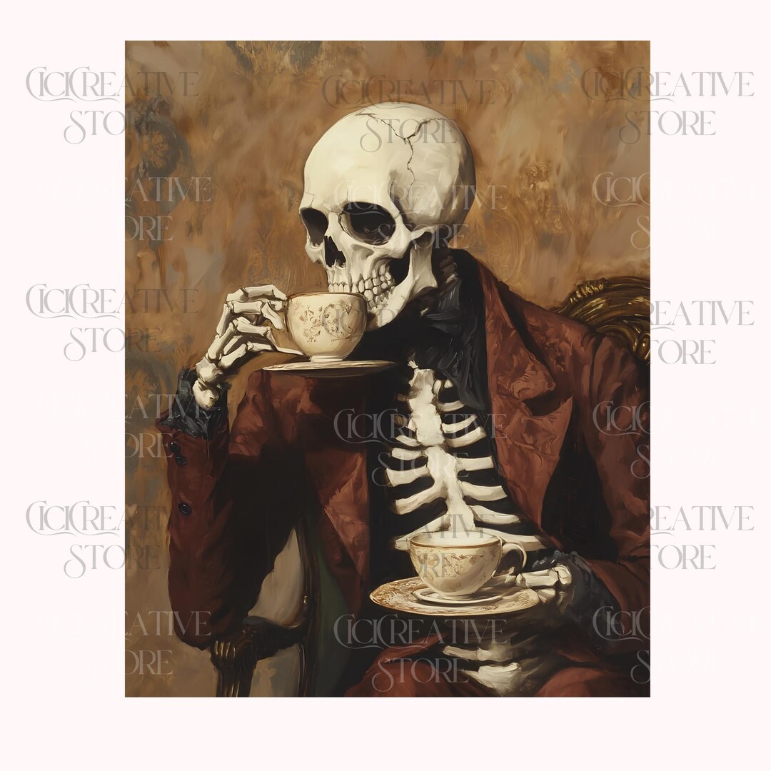 Skeleton Drinking Tea Png, Gothic Victorian Skeleton Wall Png, Dark ...