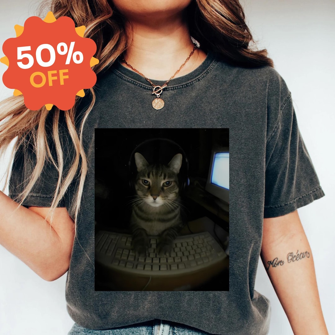 Hacker Cat Meme Shirt Vintage Wash – Funny Computer Kitty Gamer Tee ...