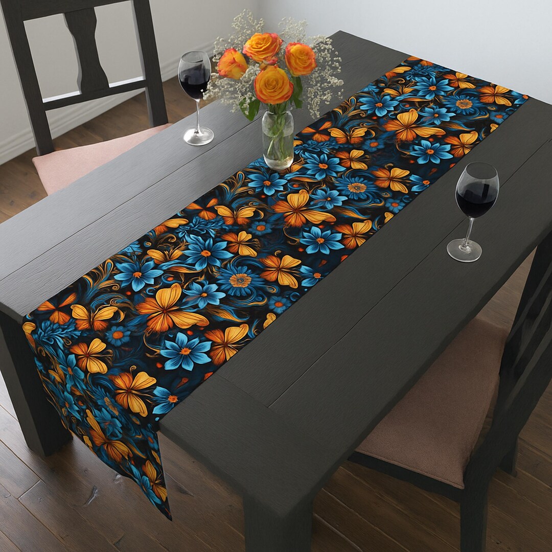 Luxury Blue and Gold Butterfly Table Runner, Cotton or Polyester Fabric ...
