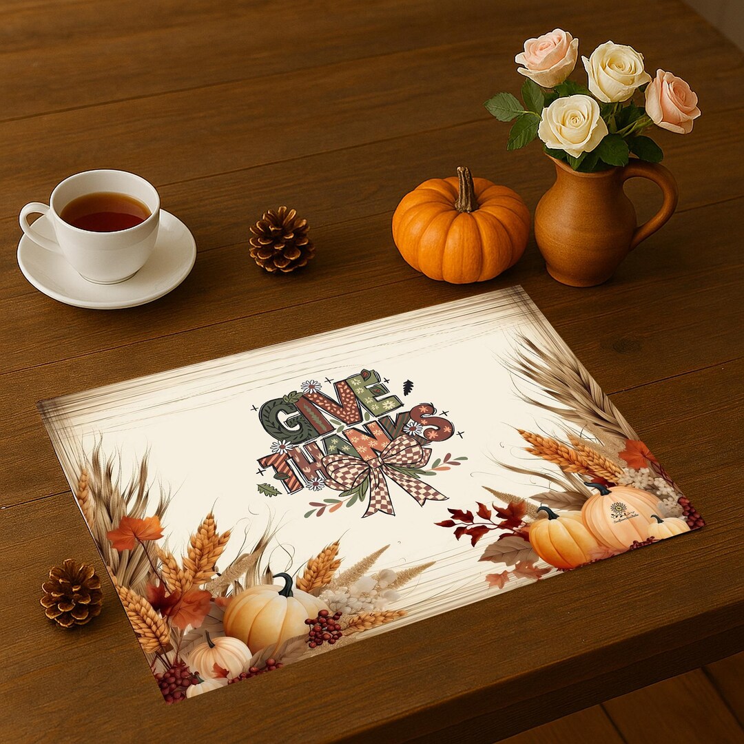 Thanksgiving Placemat, Give Thanks Design With Pumpkins Wheat and ...
