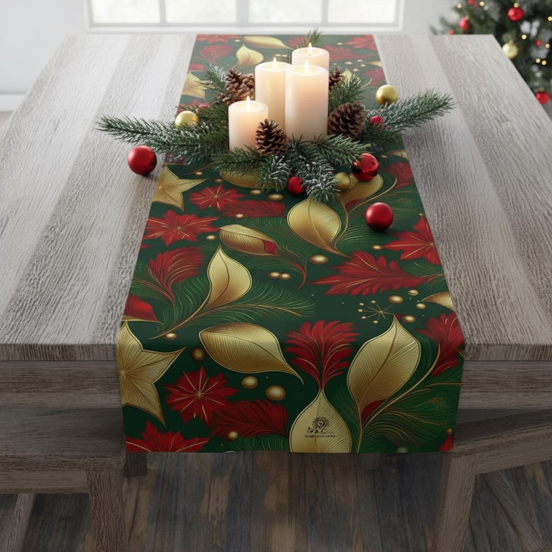 Green and Gold Christmas Table Runner 16x72 Inches, Cotton or Polyester ...