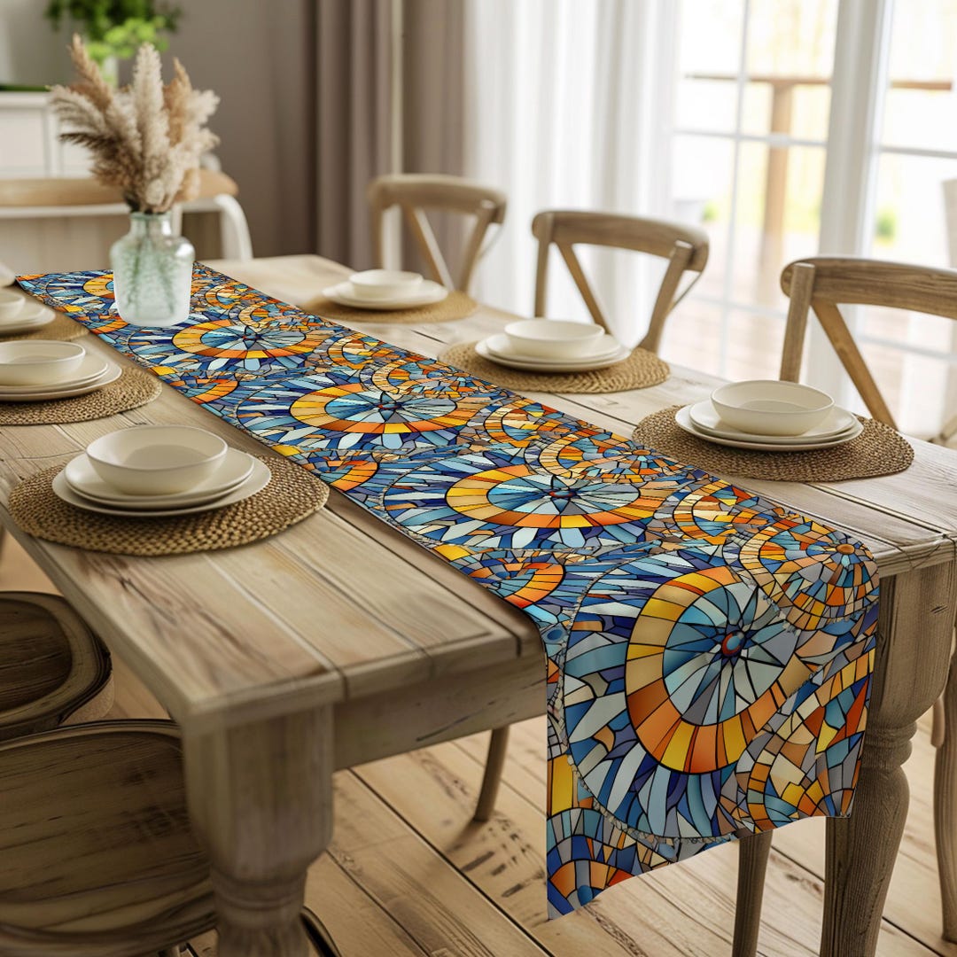 Geometric Mosaic Table Runner Design Abstract Blue Yellow Pattern for ...