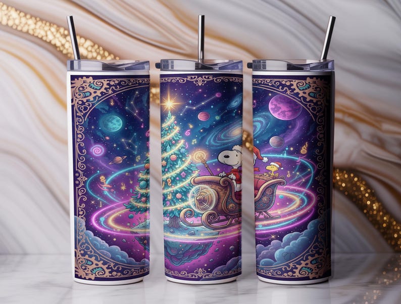 Space Christmas Tumbler Wrap – Cartoon Beagle, Galaxy Tree (sublimation ...