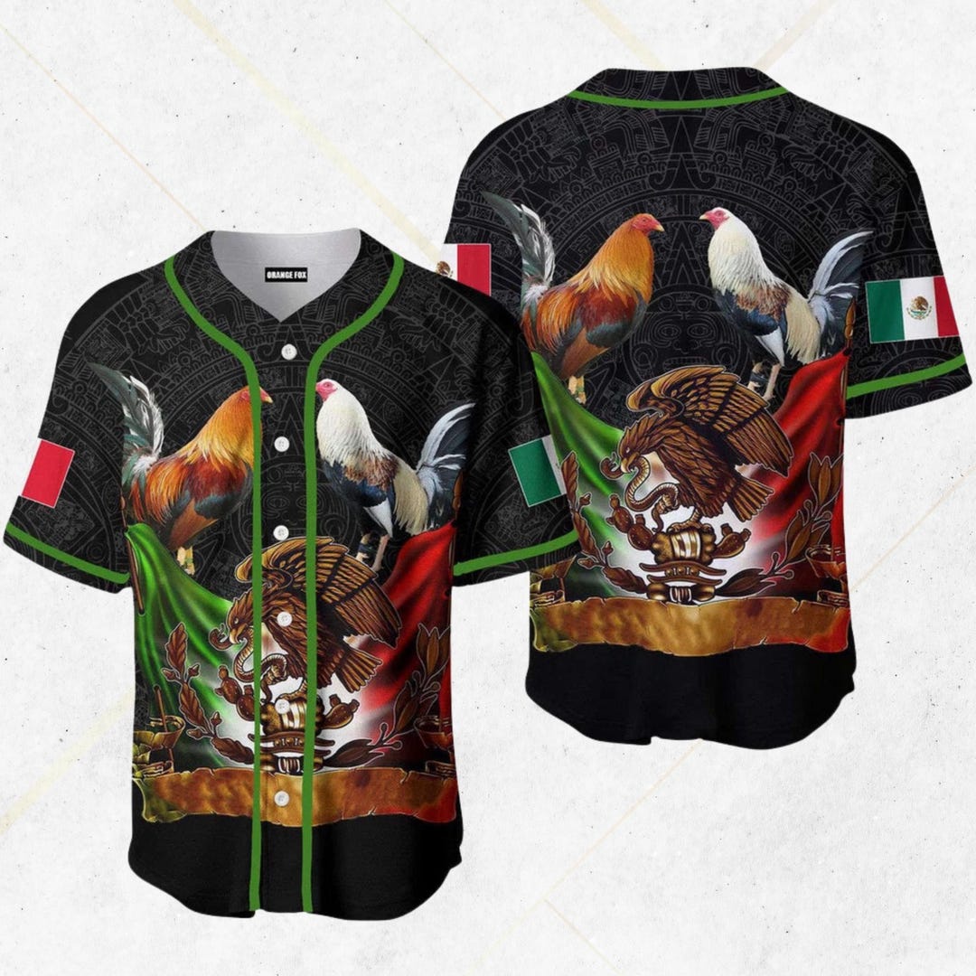 Mexican Baseball Jersey – Rooster & Eagle Aztec Design, Mexico Flag ...