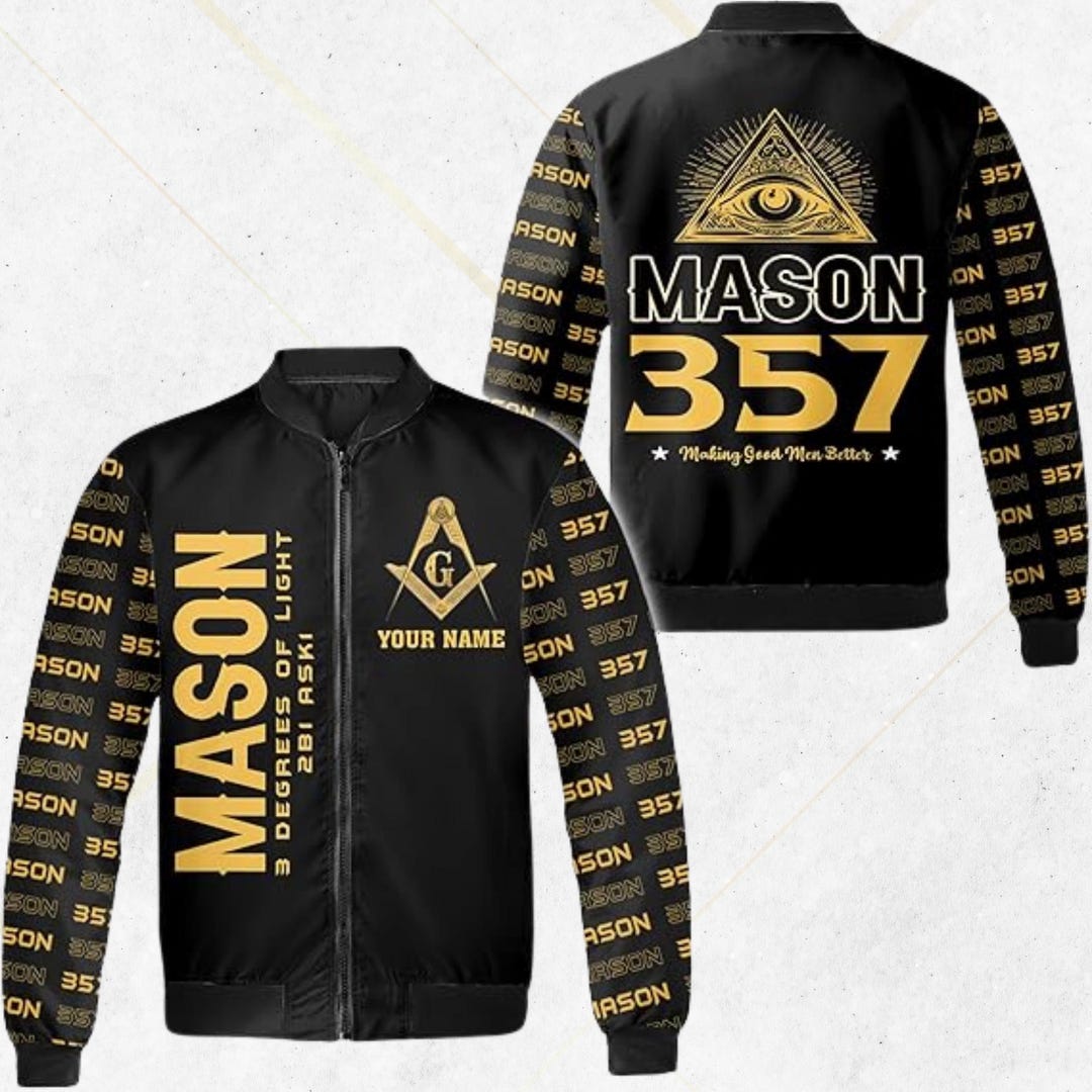 Masonic 357 Bomber Jacket, Black Gold All Seeing Eye & Square Compasses ...