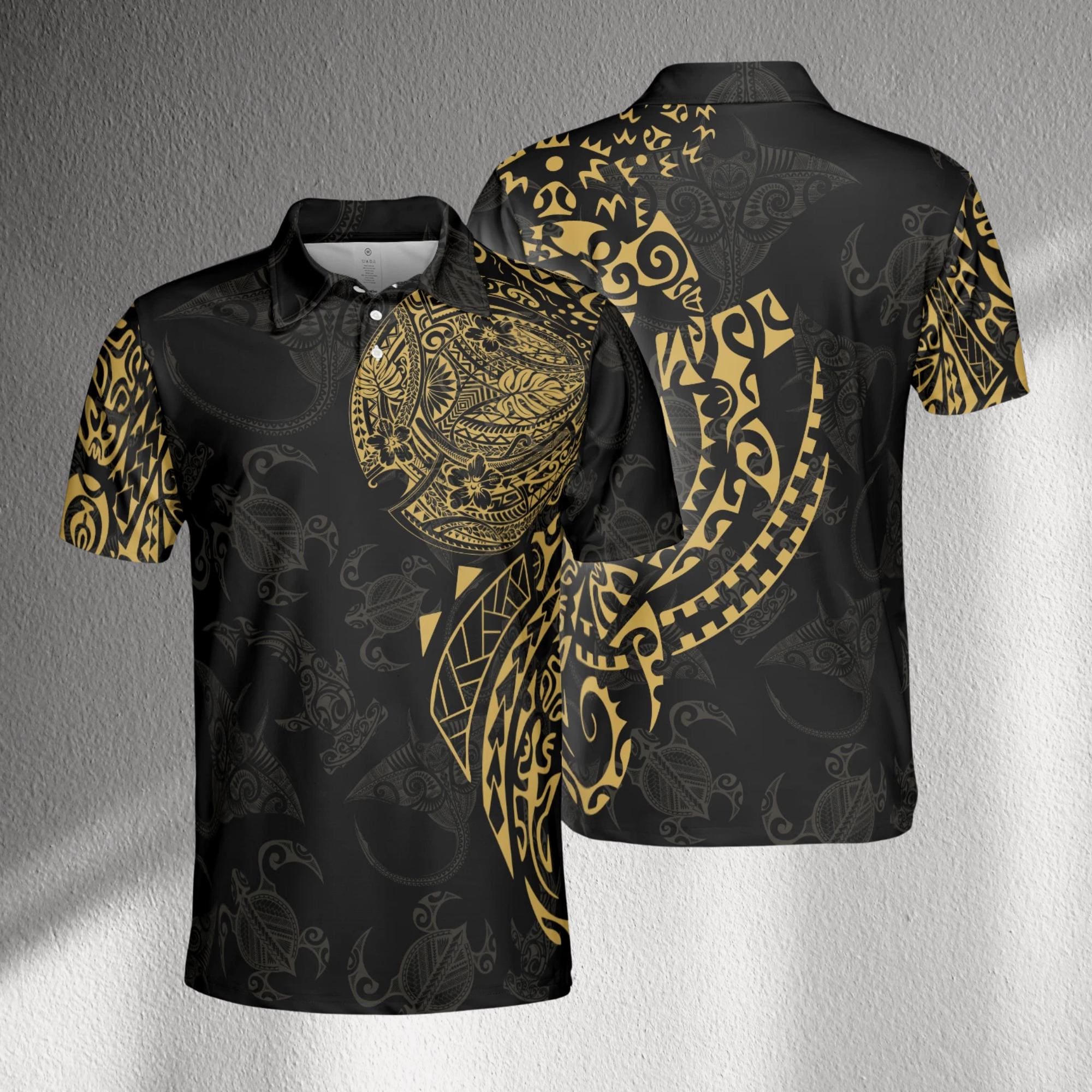 Black Gold Tribal Polo Shirt, Polynesian Tattoo Pattern Men's Shirt ...
