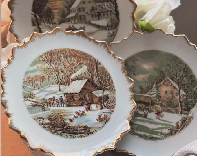 Vintage Currier & Ives Winter Scene Plates – Set of 3 – Gold Trim ...
