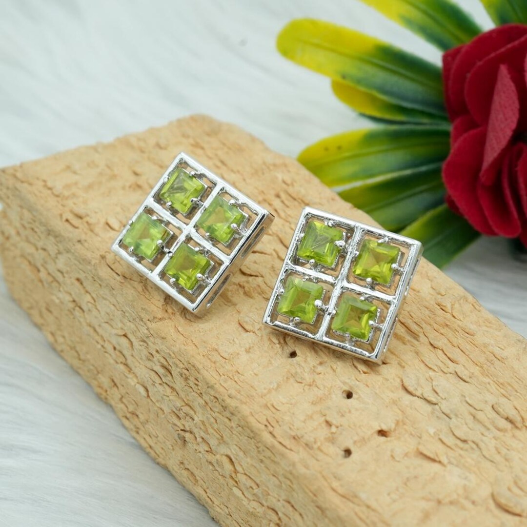 Princess Cut Peridot Stud Earrings: Genuine 925 Sterling Silver - Etsy