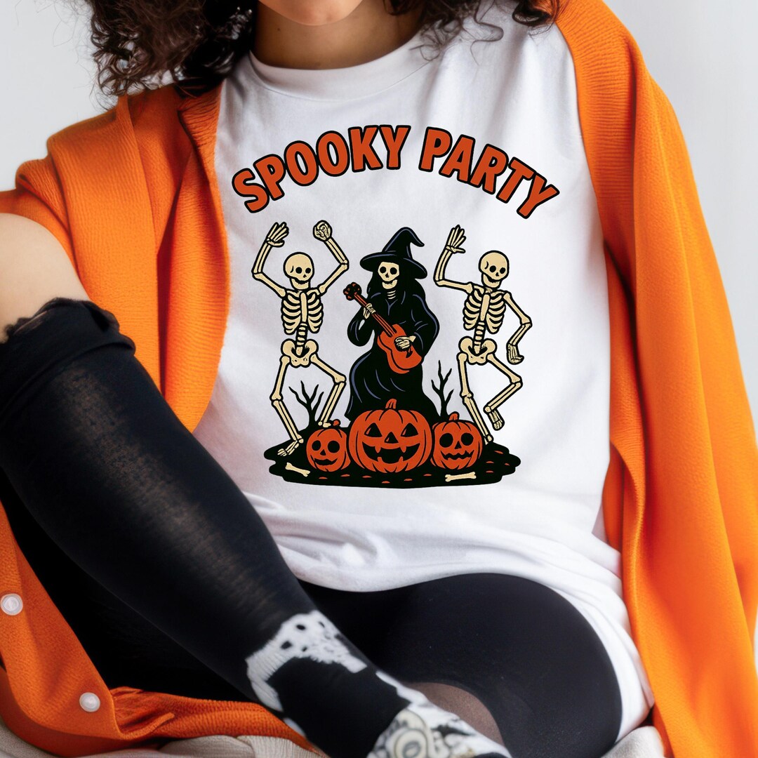 Halloween T-shirt: Witch Skeletons & Pumpkin Graphic - Etsy
